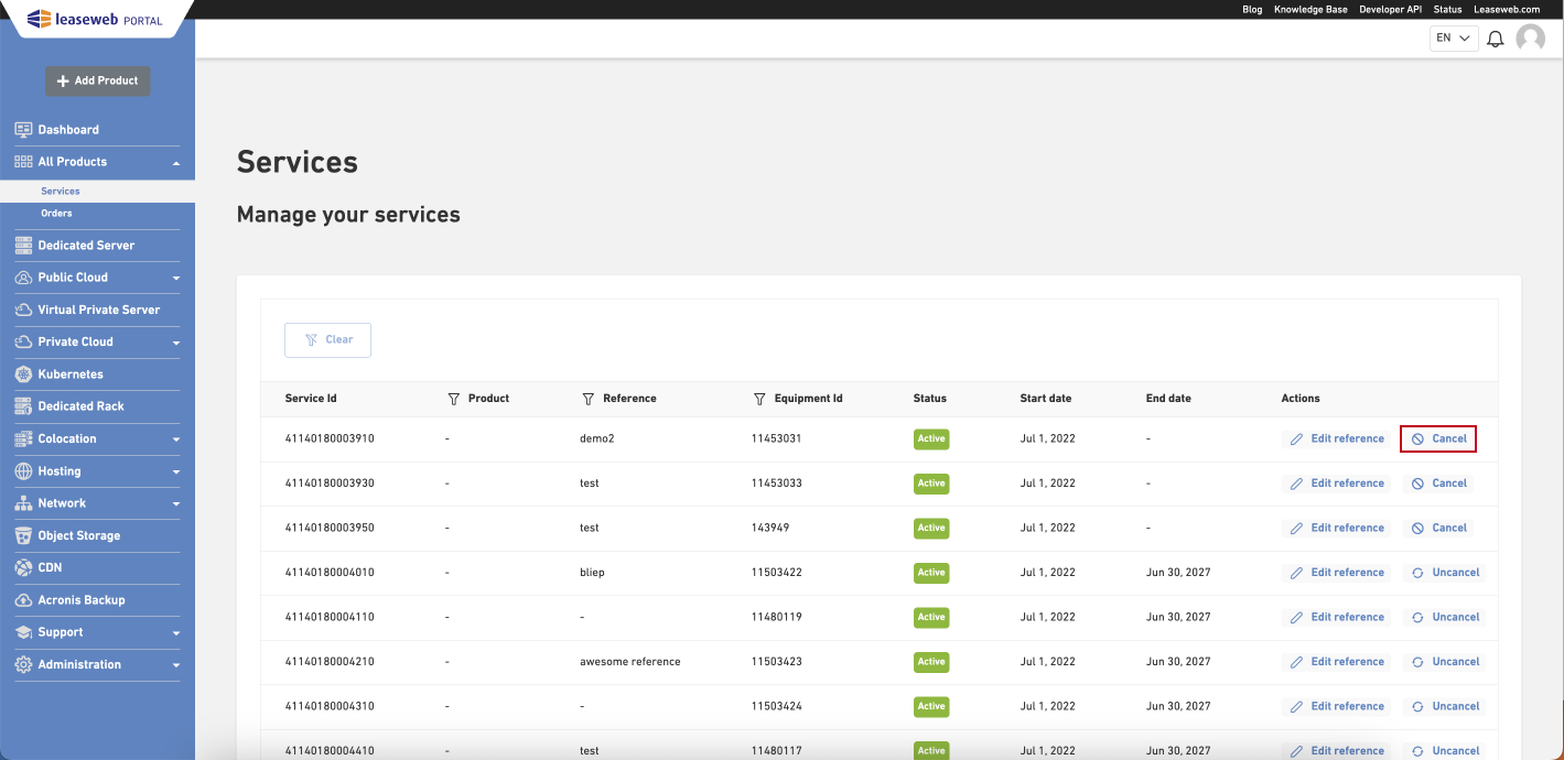 Services - Knowledge Base - Leaseweb